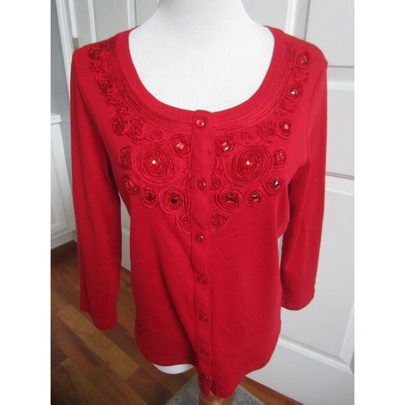 Rafaella | Sweaters | Rafaella Red Cardigan Sweater Adorned With Bling ...